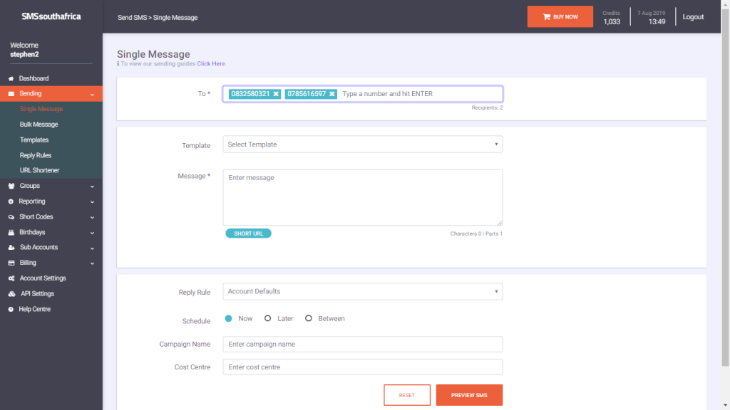Tour the Dashboard | www.SMSsouthafrica.co.za